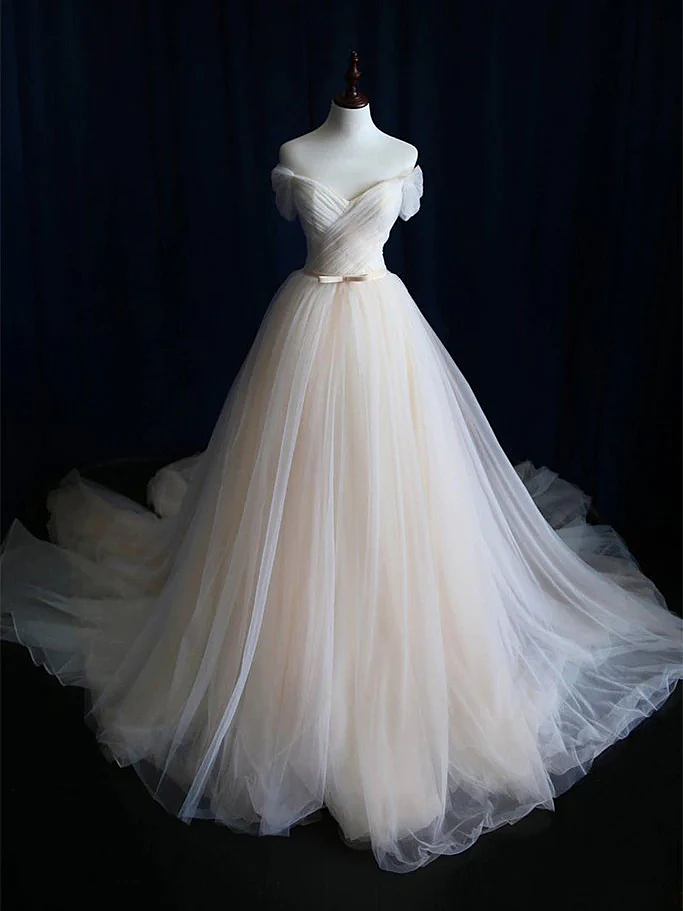 Simple Ball Gown Lace-up Ivory Tulle Off-the-shoulder Wedding Party Dr ...