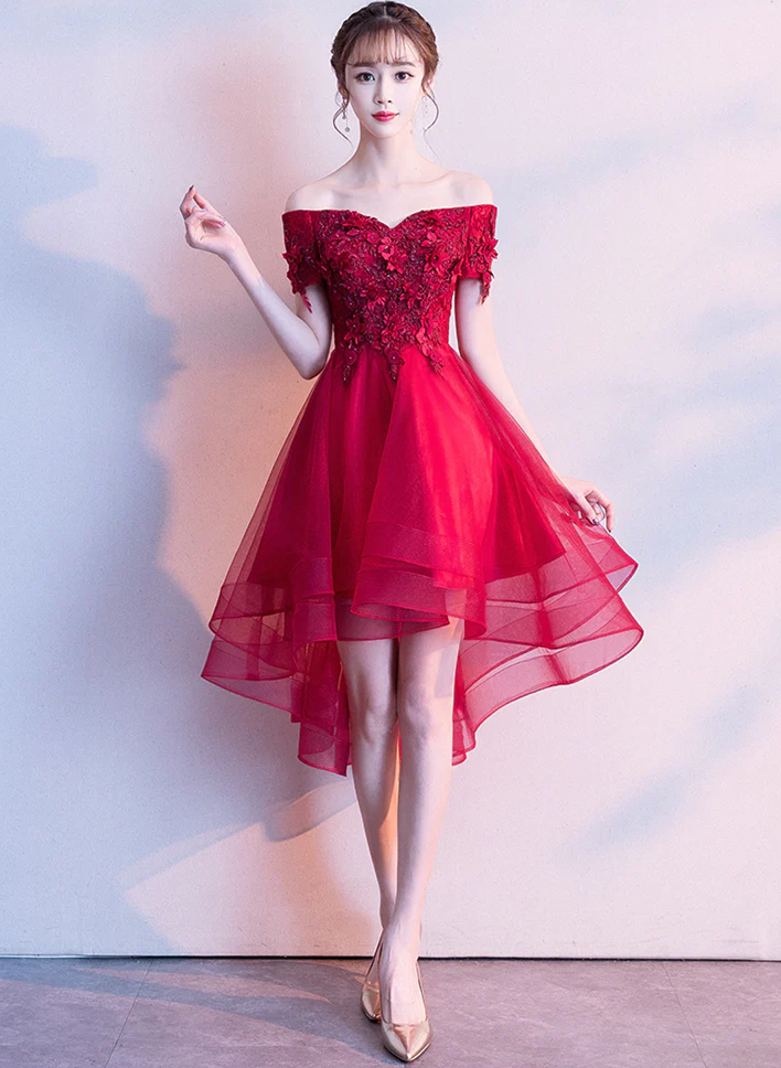 Red High Low Lace Flowers Tulle Off Shoulder Party Dress, Red Party Dr ...