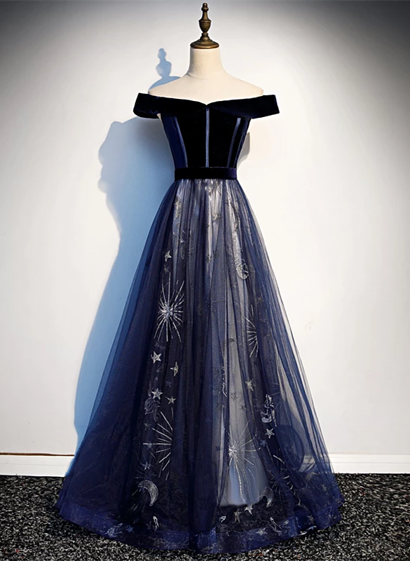 Navy Blue Floral Off Shoulder Velvet and Tulle Prom Dress, Blue Party ...