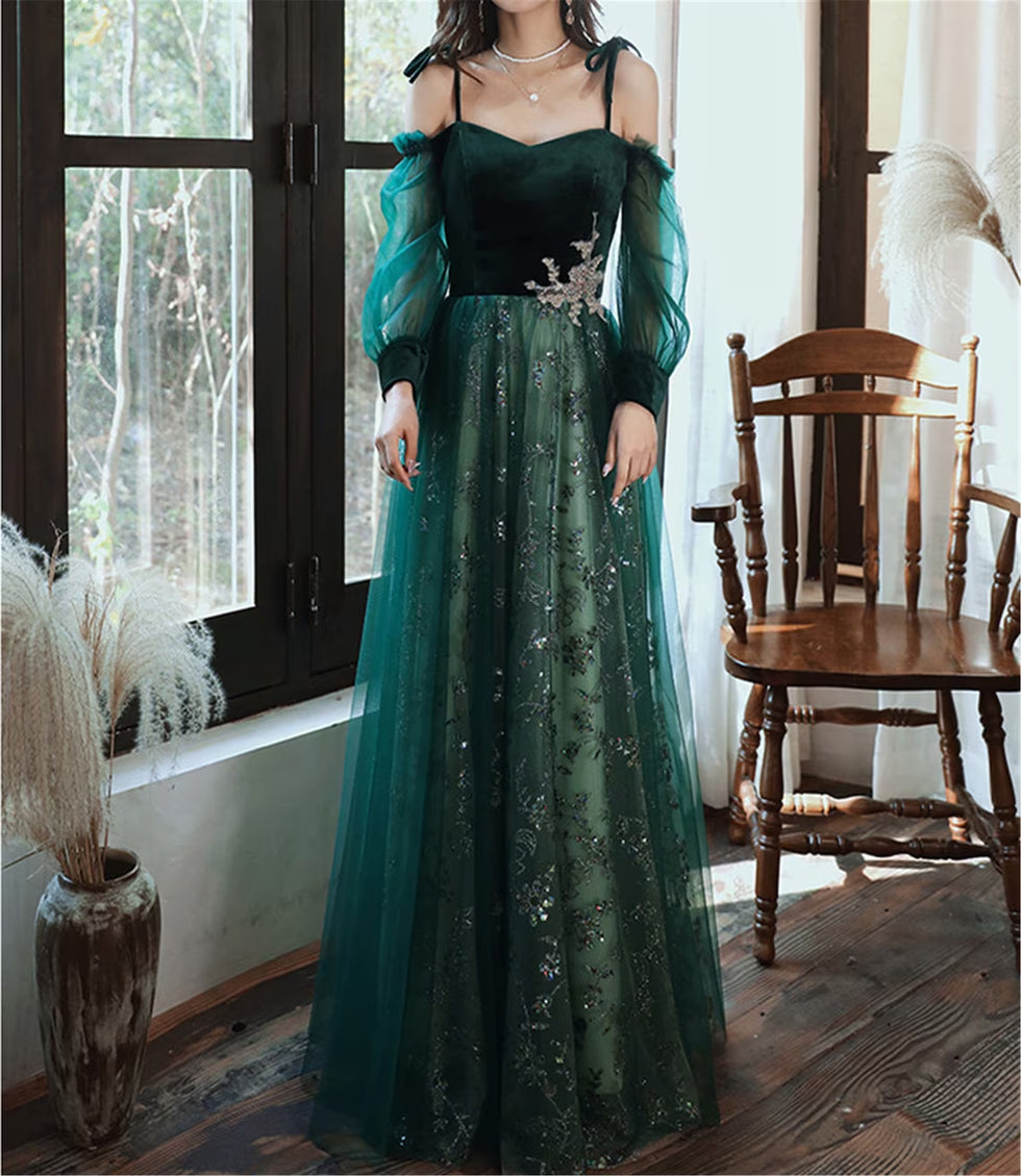 A-line Green Tulle with Lace Long Party Dress, Green Evening Prom Dres ...