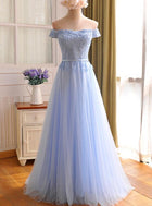 Elegant Light Blue Lace Applique Top Long Party Dress, Off Shoulder Br ...