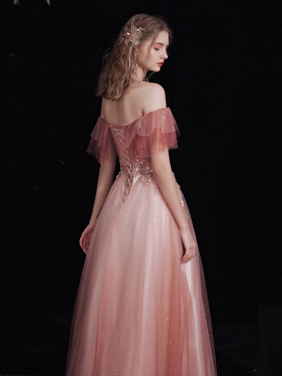 Lovely Pink Floor Length Gradient Shiny Tulle Formal Dress, Pink A-lin ...