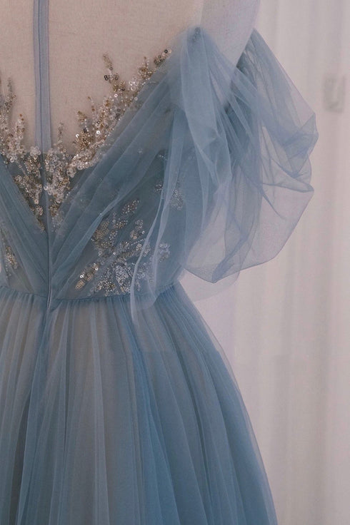 A-line Blue with Lace Applique Party Dress, Long Blue Formal Dress Pro ...