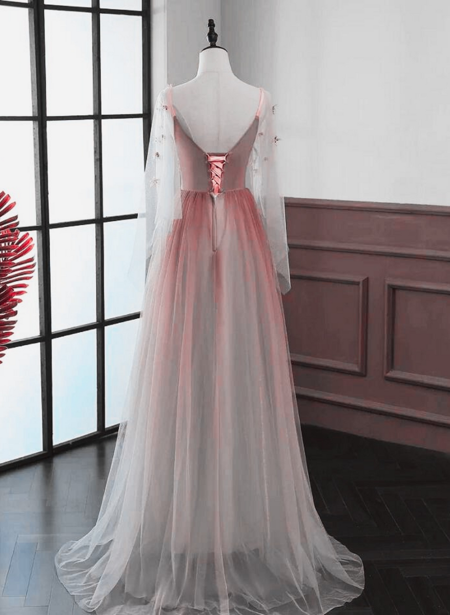 Red Gradient A-line Tulle with Lace Party Dress, Red Floor Length Prom ...