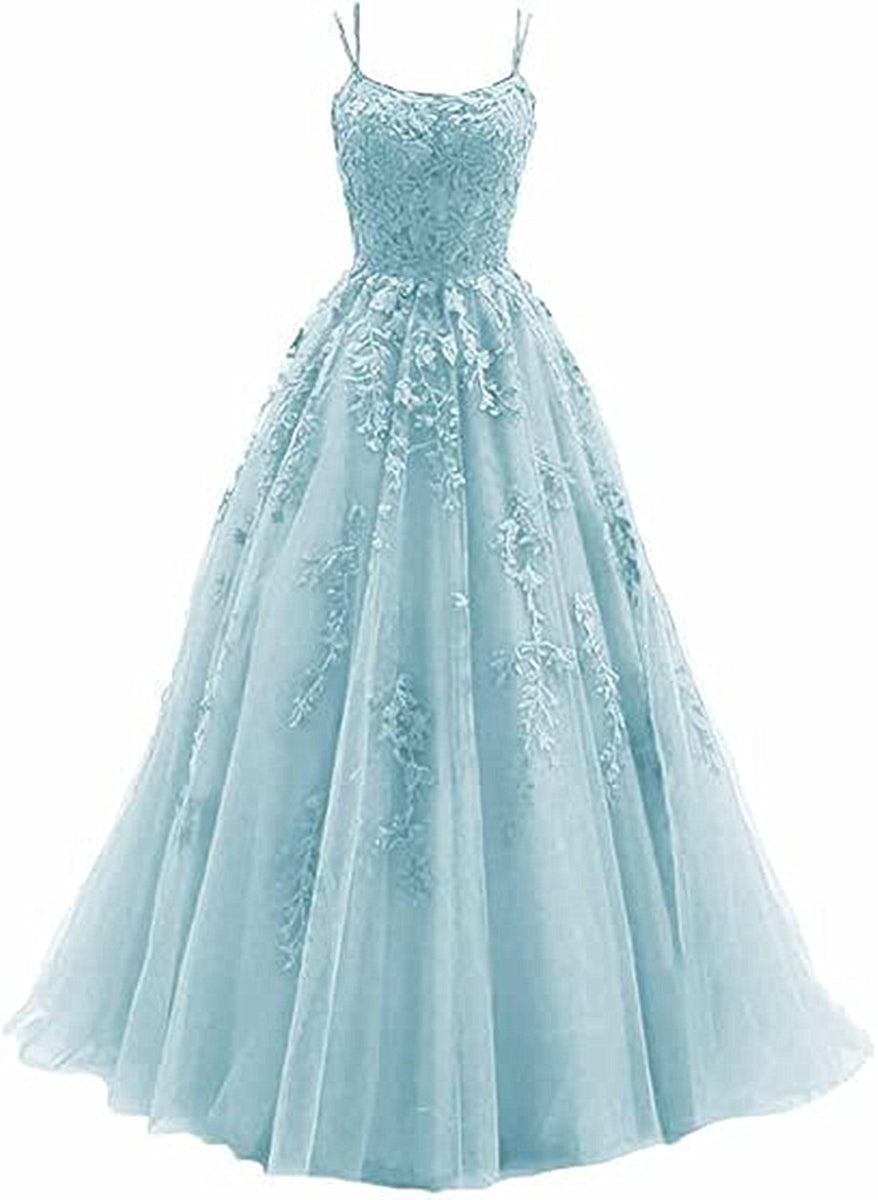 Light Blue Straps Cross Back Tulle with Lace Applique Prom Dress, Blue ...
