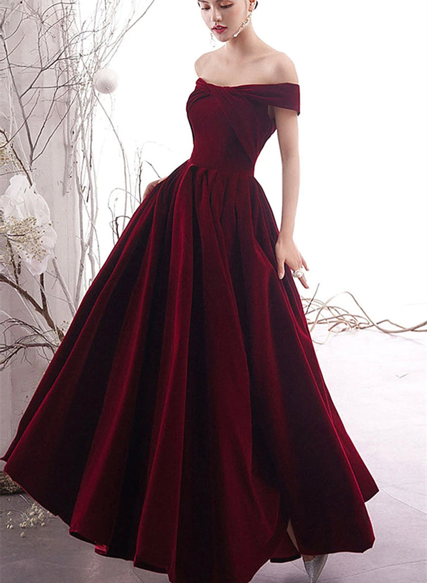 Wine Red Velvet Long Prom Dress, Off the Shoulder Evening Dress ...