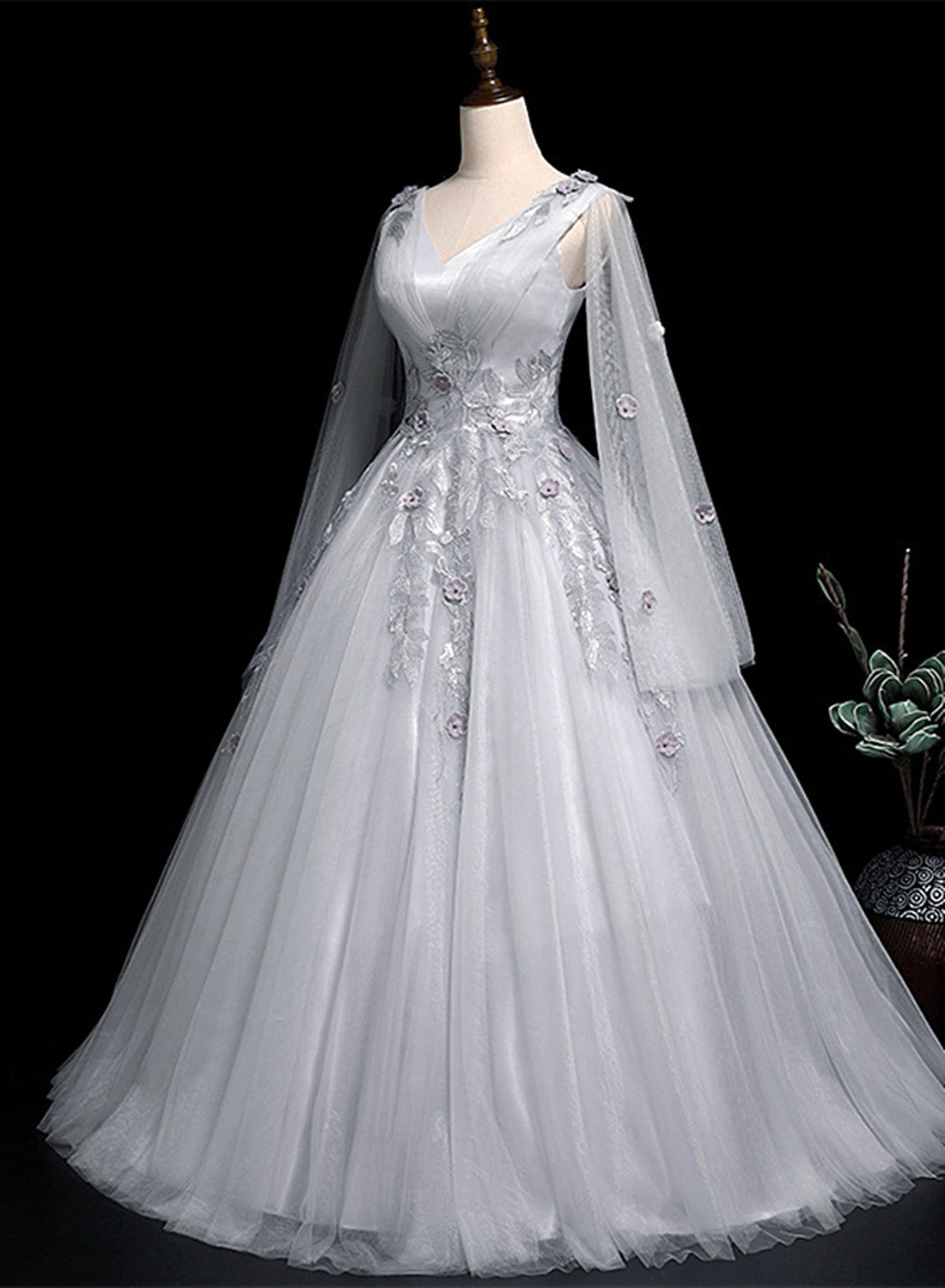 Grey V-neckline Ball Gown with Lace and Flowers Party Dress, Grey Swee ...