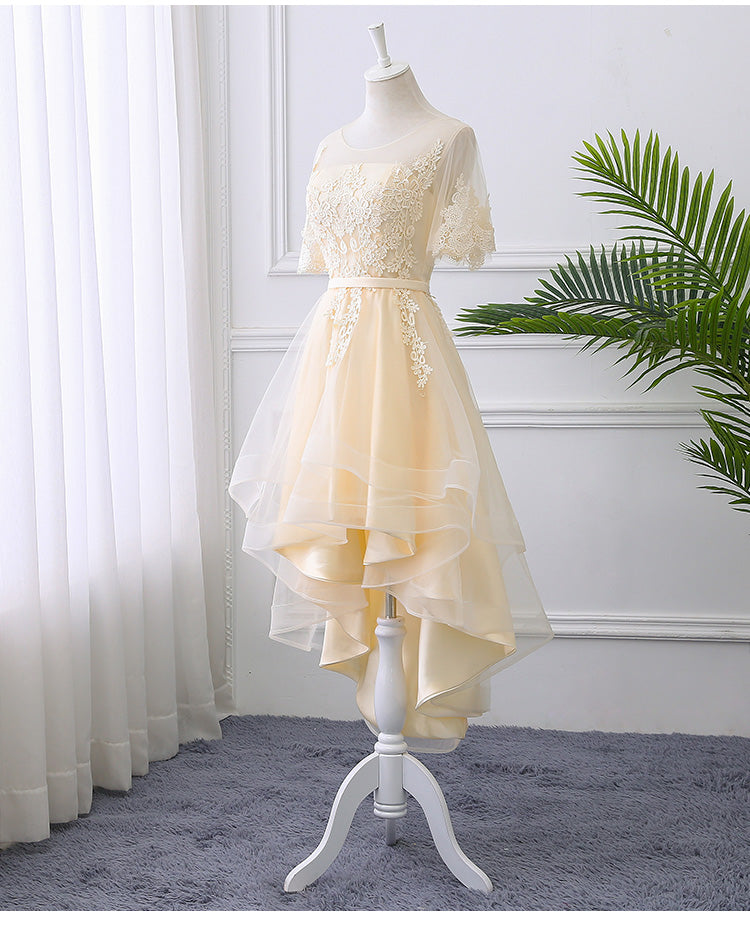 Adorable Light Champagne High Low Party Dress with Lace Applique, Shor ...