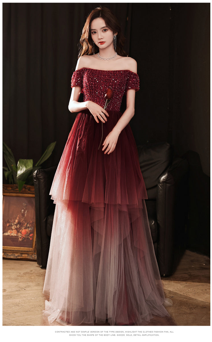 Charming Dark Red Gradient Tulle Beaded Formal Dress Party Dress, Laye ...