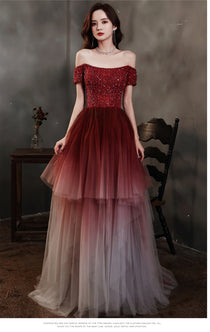 Charming Dark Red Gradient Tulle Beaded Formal Dress Party Dress, Laye ...