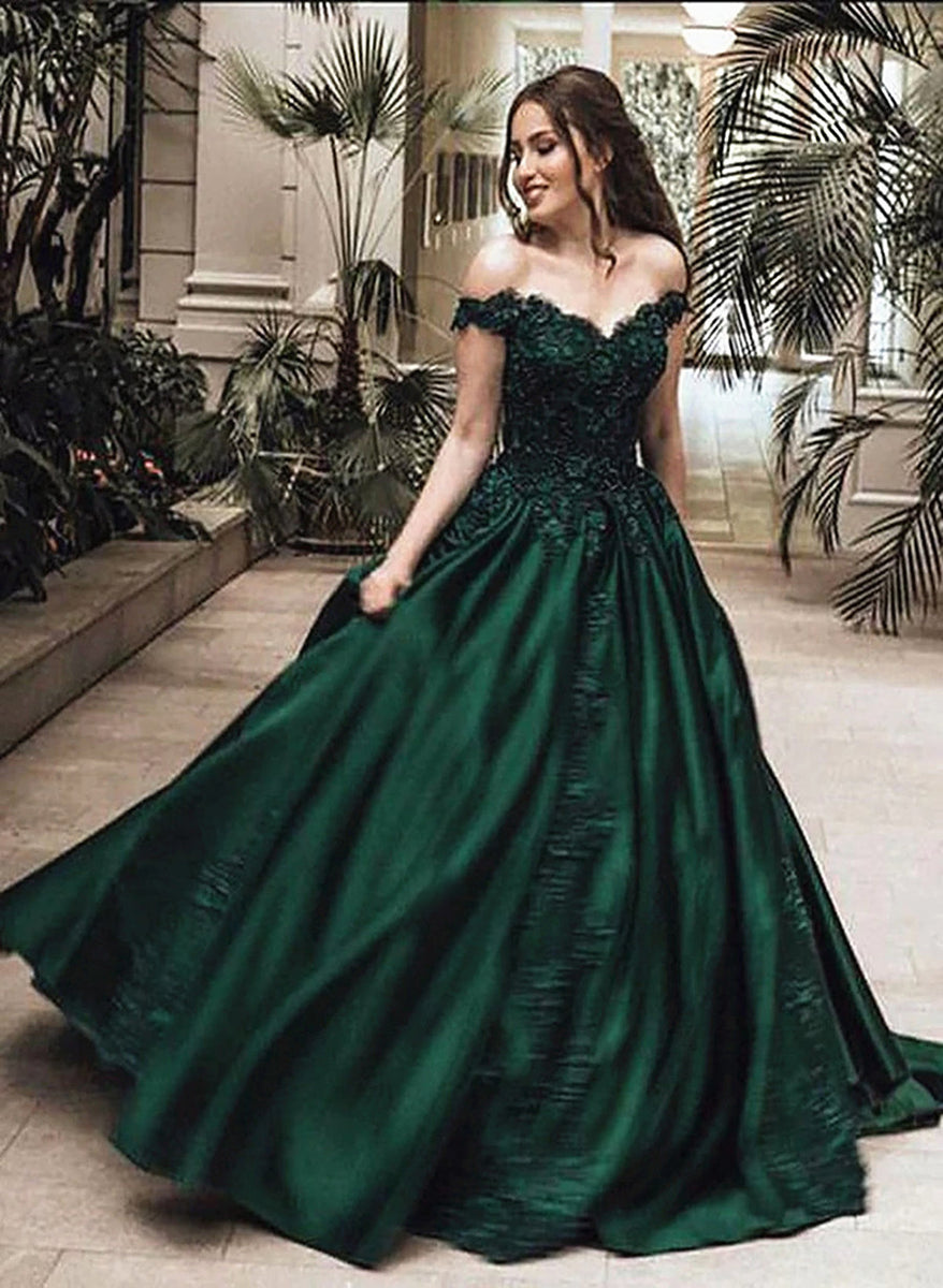 Dark Green Satin with Lace Applique Long Formal Dress, Green Sweethear ...