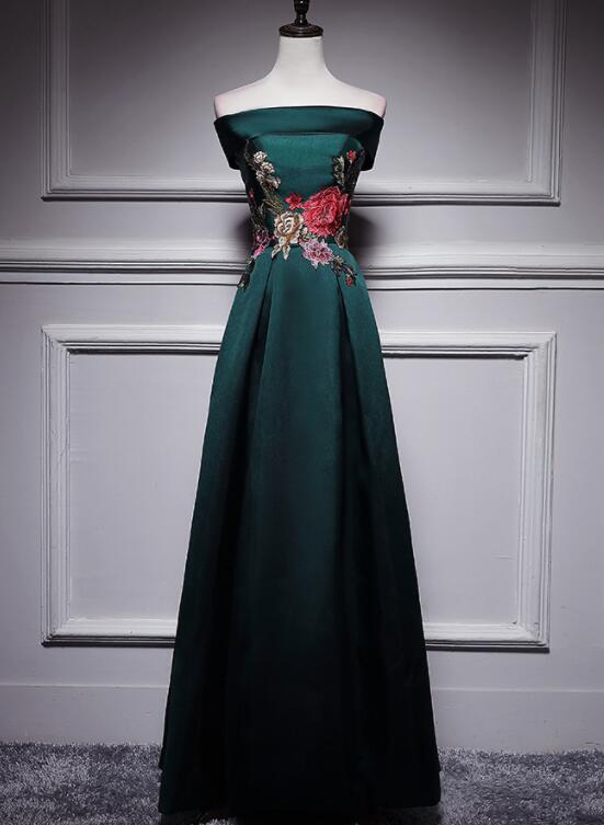 Dark Green Satin Off Shoulder Floor Length Satin Party Dress, Green Pr ...