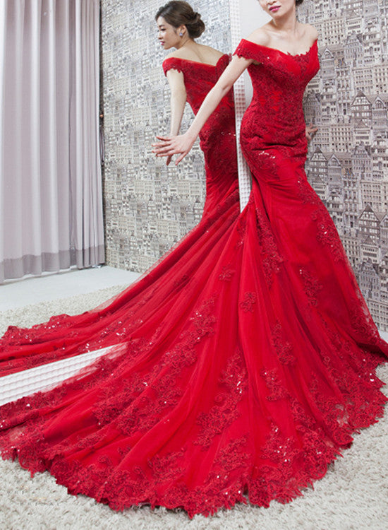 Dark Red Mermaid Off Shoulder Evening Gown with Lace Applique, Red For ...