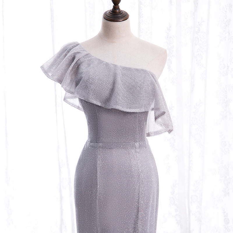 Grey One Shoulder Lace-up Shiny Long Prom Dress Party Dress, Grey Long ...