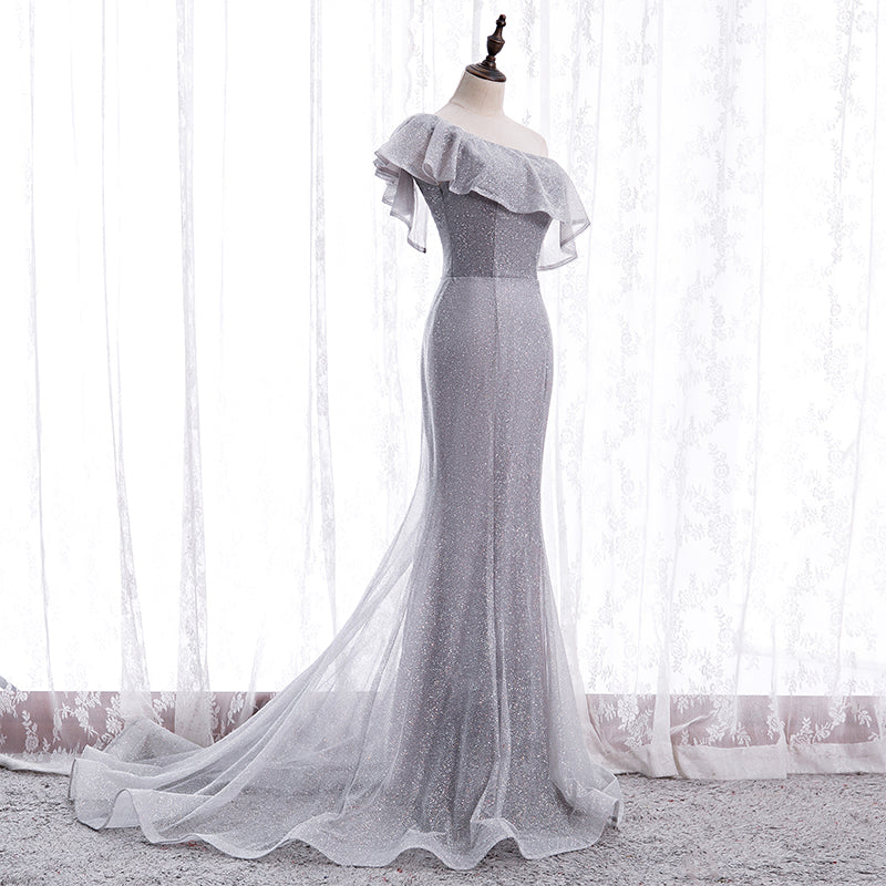 Grey One Shoulder Lace-up Shiny Long Prom Dress Party Dress, Grey Long ...