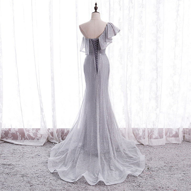 Grey One Shoulder Lace-up Shiny Long Prom Dress Party Dress, Grey Long ...