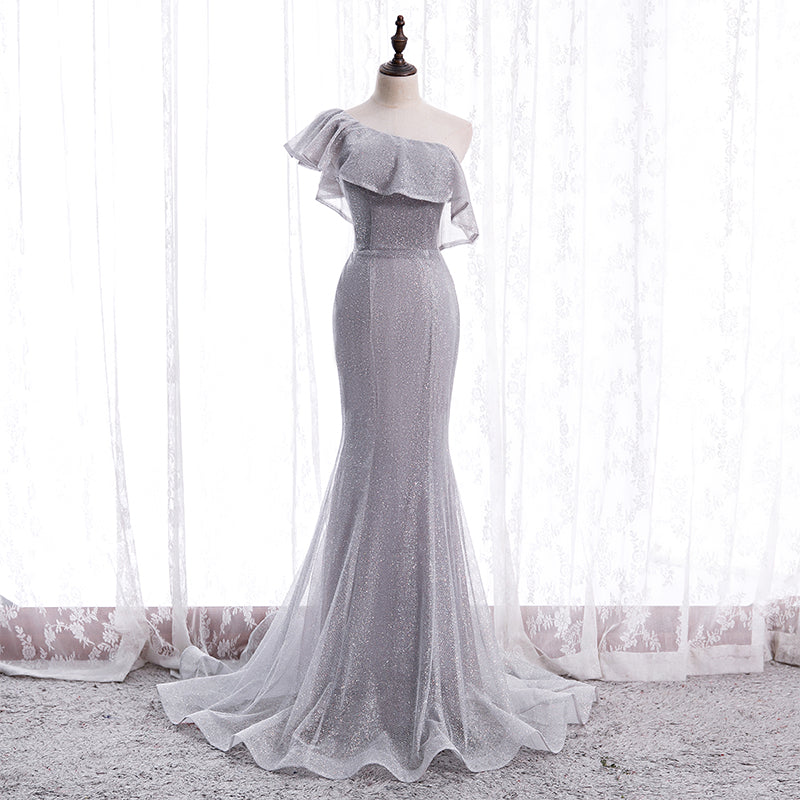 Grey One Shoulder Lace-up Shiny Long Prom Dress Party Dress, Grey Long ...