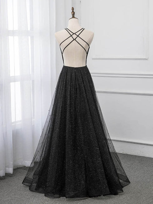 Black V-neckline Tulle and Satin Long Straps Cross Back Prom Dress, Fl ...