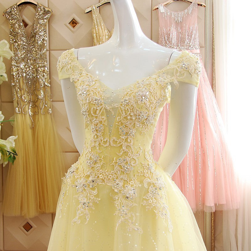Light Yellow Tulle Cap Sleeves with Lace Applique Prom Dress, Yellow L ...