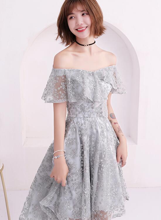 Light Grey Lace High Low Off Shoulder Homecoming Dress, Sliver-Grey Sh ...