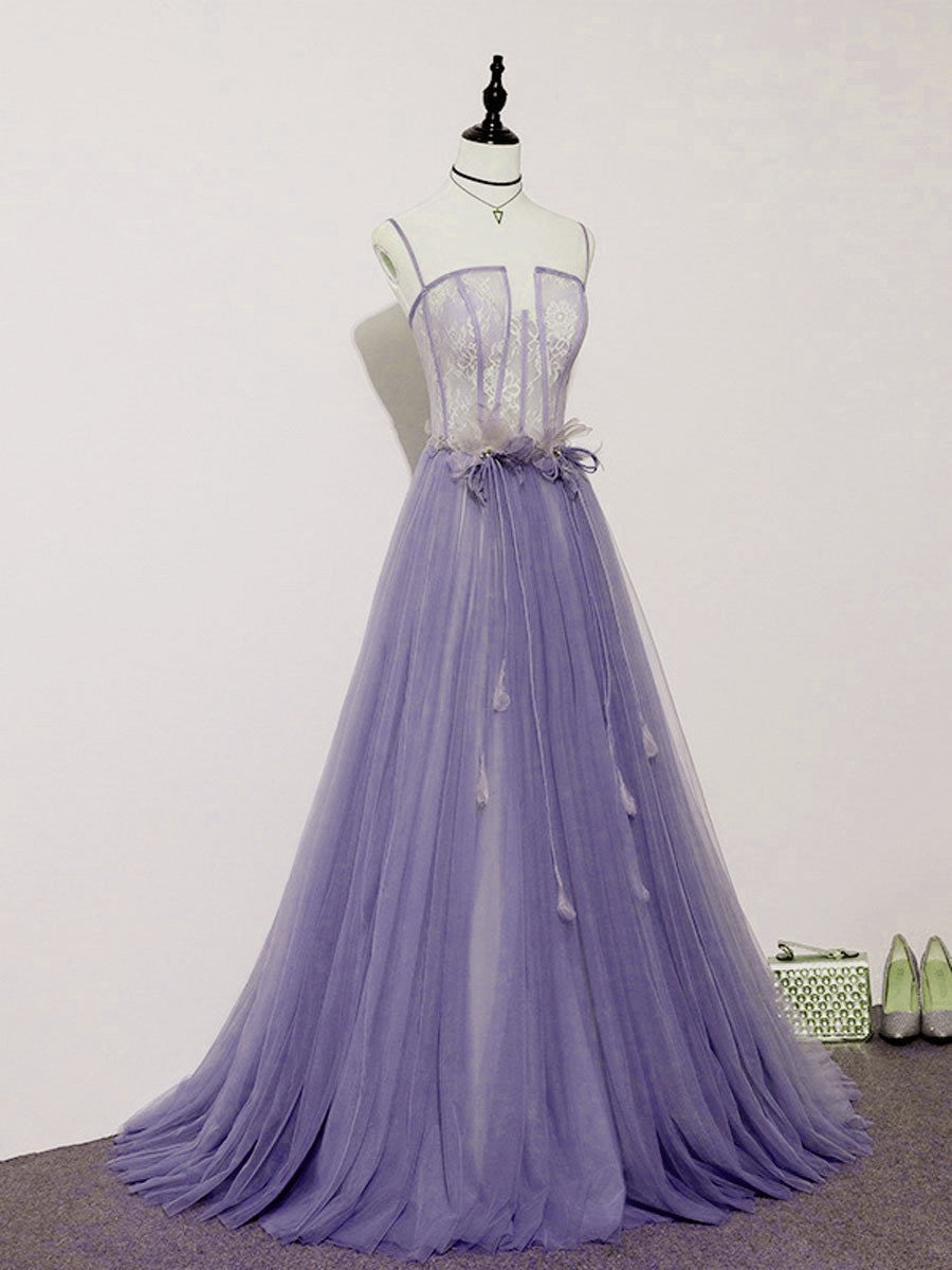 Light Purple Lace Top and Tulle A-line Straps Evening Dress Formal Dre ...