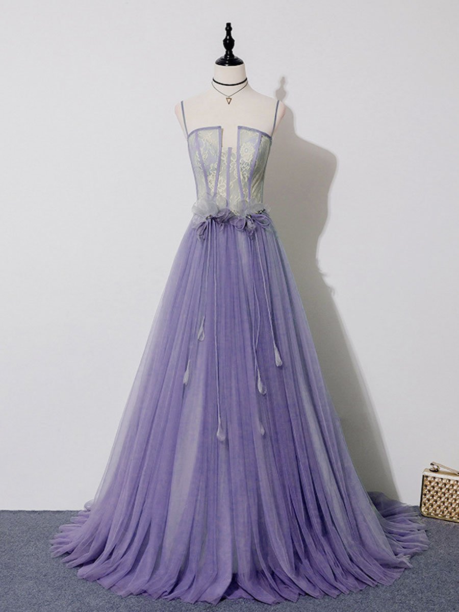 Light Purple Lace Top and Tulle A-line Straps Evening Dress Formal Dre ...