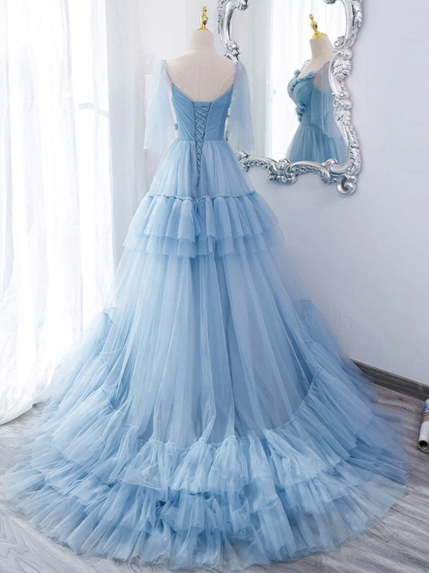 Lovely Light Blue Tulle with Straps Layers Long Formal Dresses, Blue E ...