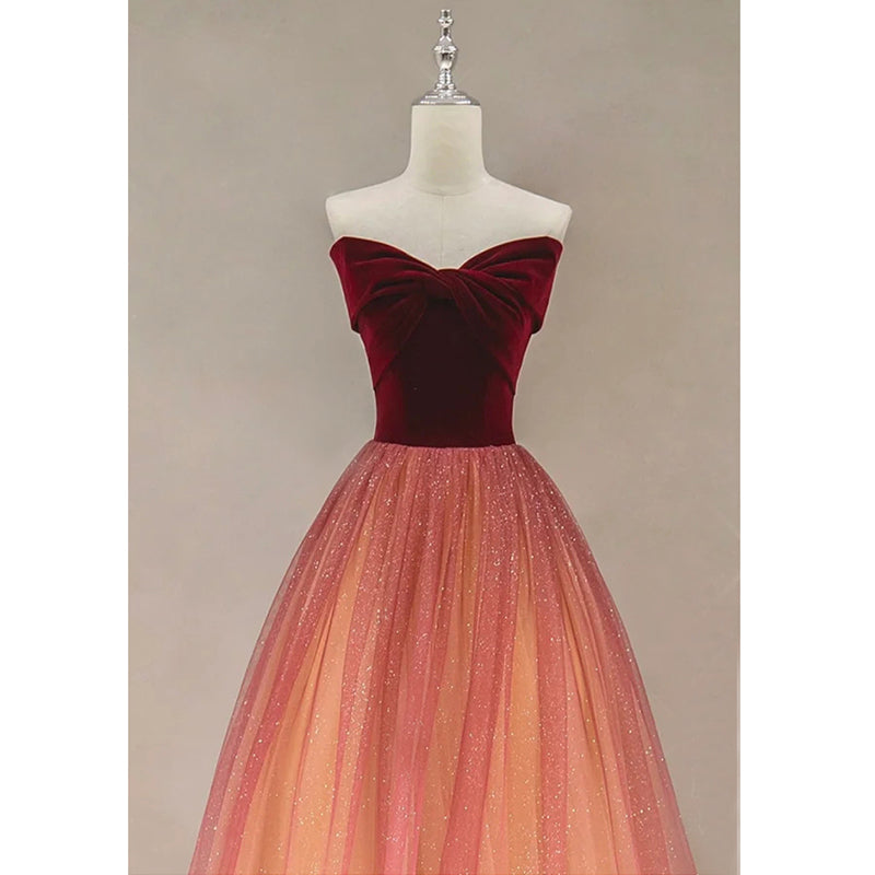 Gradient Red Tulle with Velvet Long Party Dress, Cute Floor Length For ...