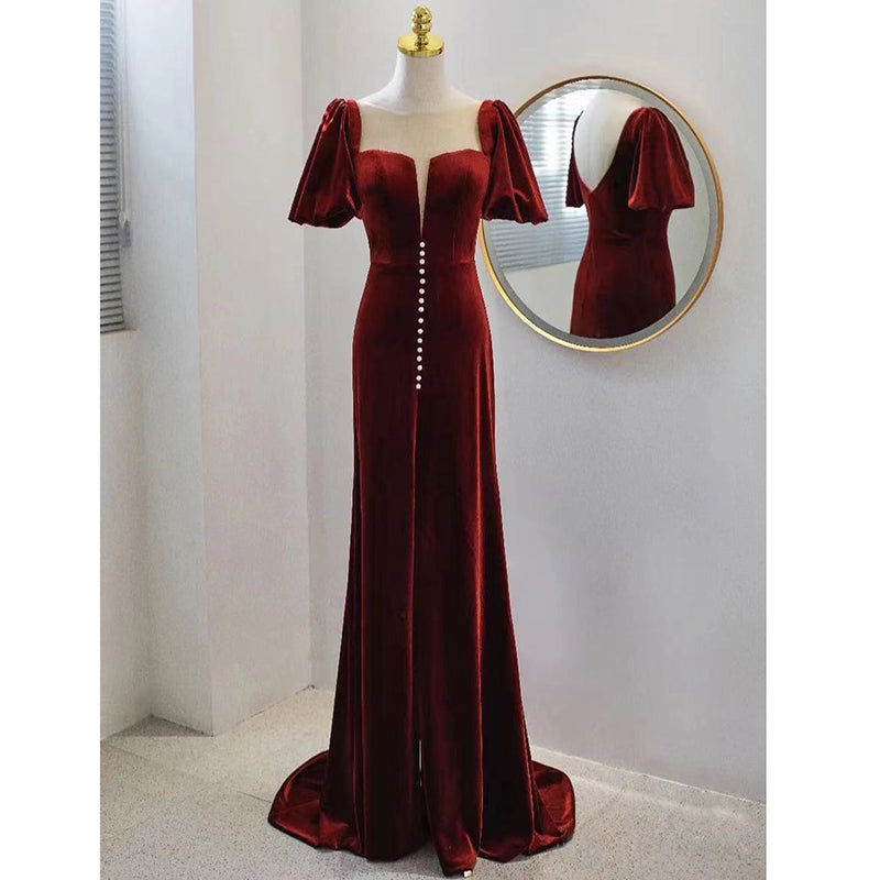 Wine Red Velvet Long Round Neckline Party Dress, Wine Red Prom Dresses ...