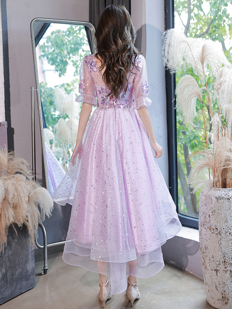 Lovely Light Purple High Low Tulle with Lace Party Dress, Short Sleeve ...