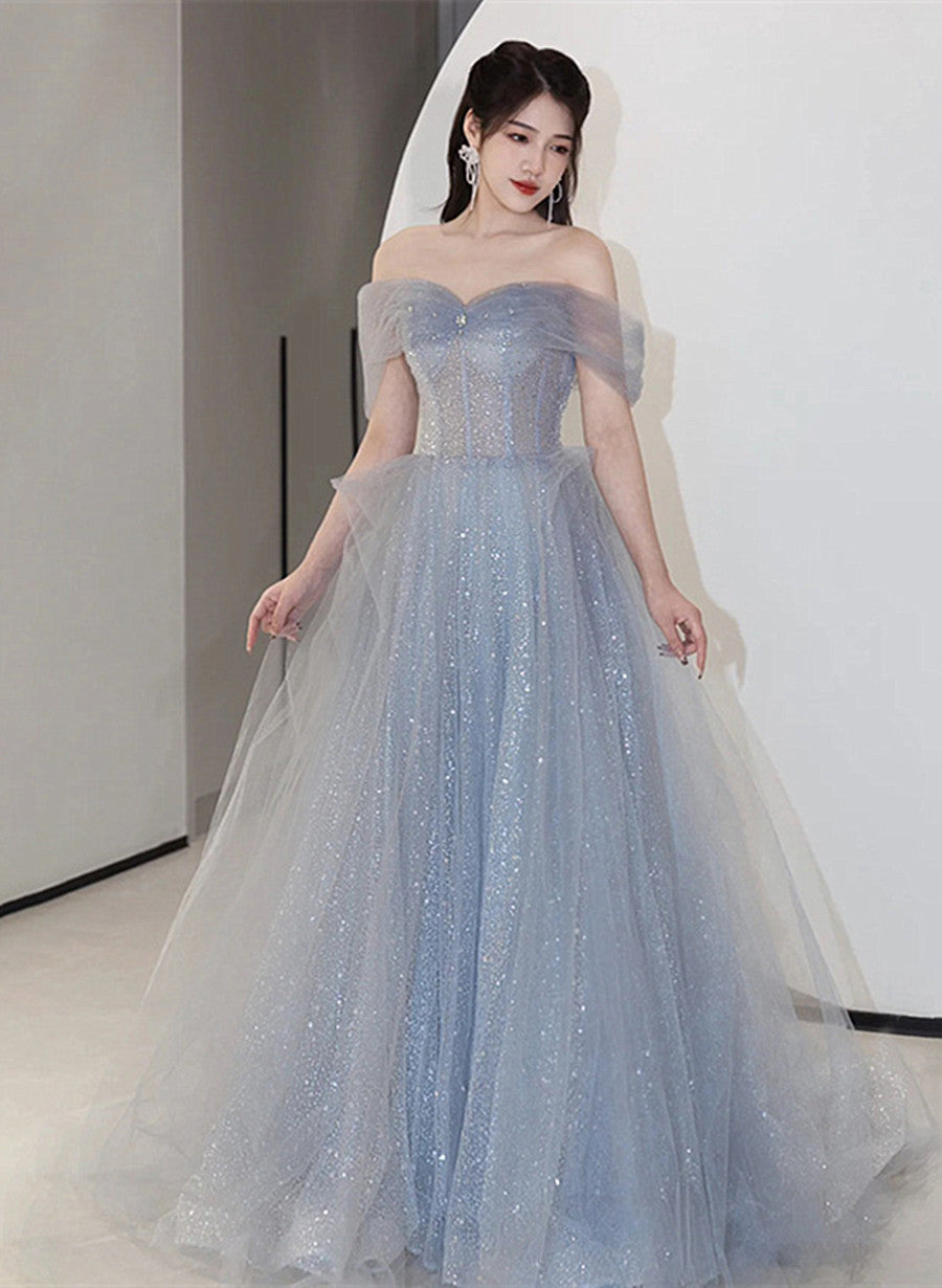 Off Shoulder Light Blue Tulle Long Party Dress, Shiny Tulle A-line Pro ...