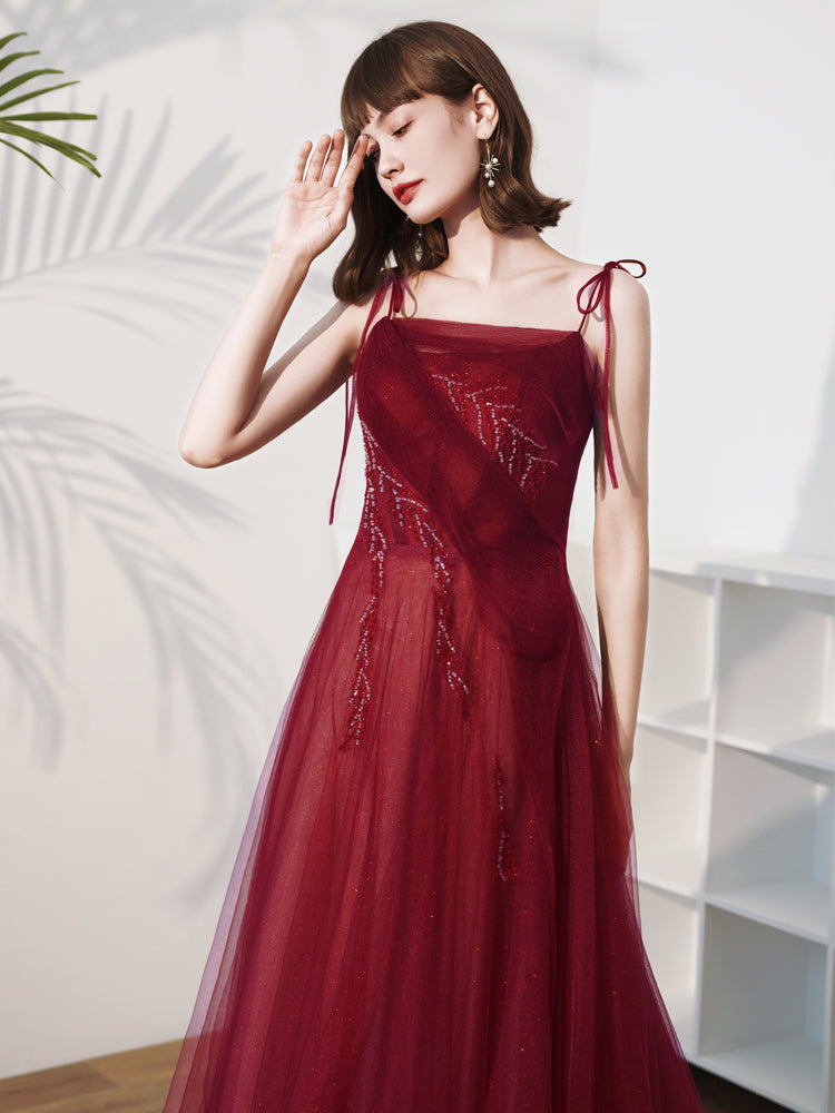 Wine Red Scoop Beaded A-line Long Junior Prom Dress, Wine Red Lace-up ...