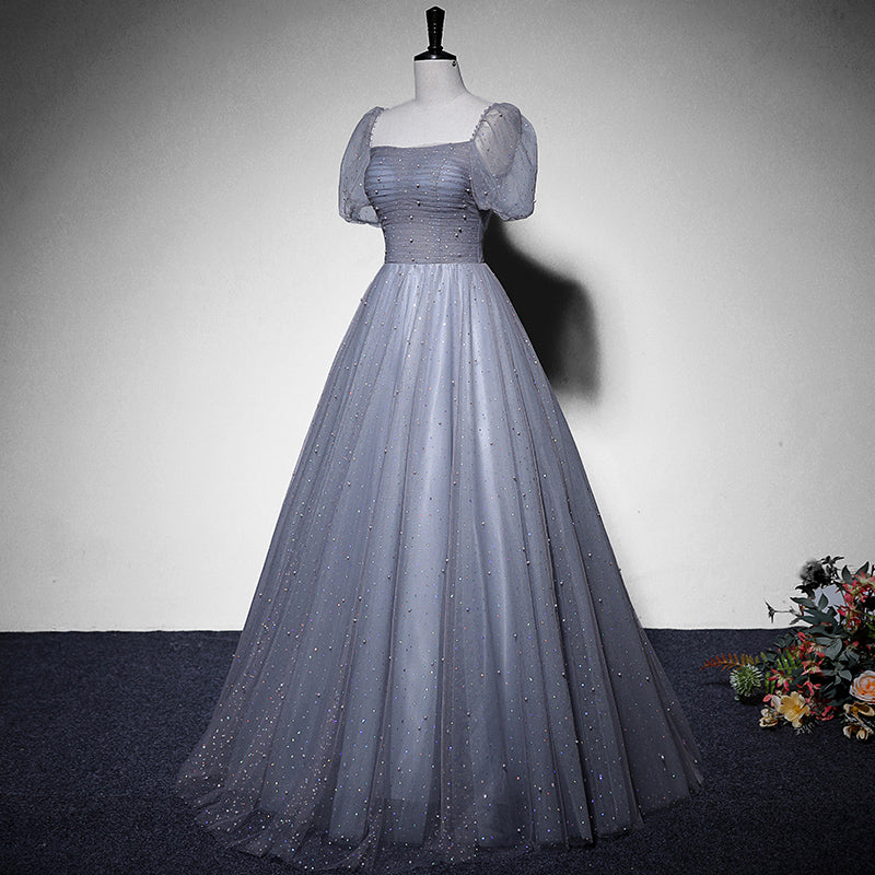 Grey Beaded Tulle Long Formal Dress Party Dress, Grey Evening Gown For ...
