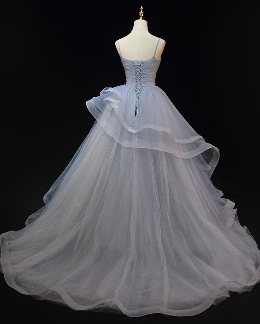 Grey Tulle Straps Layers Long Prom Dress Party Dress, Grey Ball Gown F ...