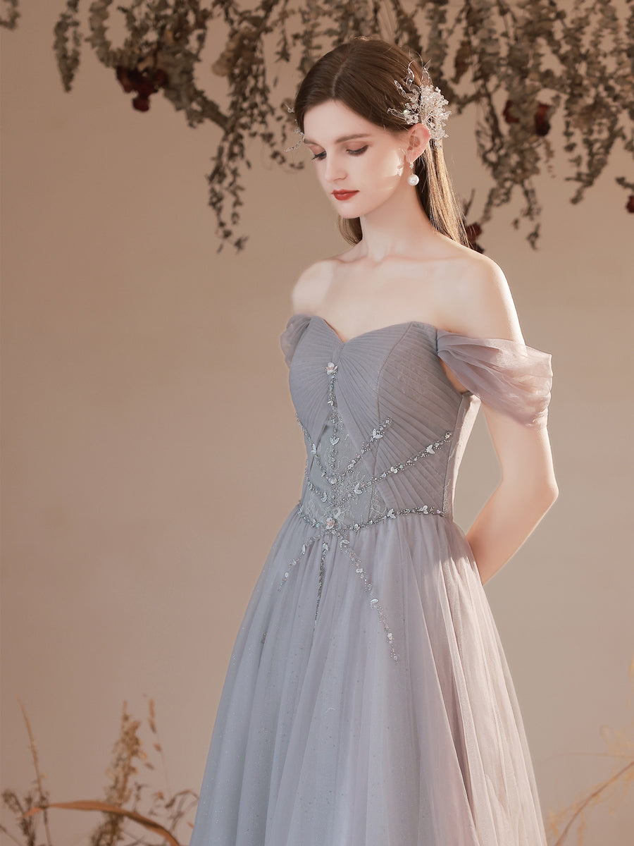Grey Beaded Sweetheart Tulle A-line Off Shoulder Evening Dress, Grey F ...