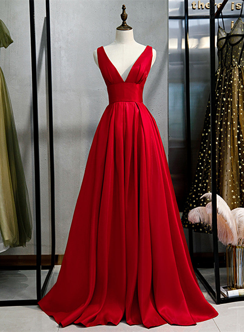 Red Satin Deep V-neckline Prom Gown, Red Floor Length Evening Gown ...