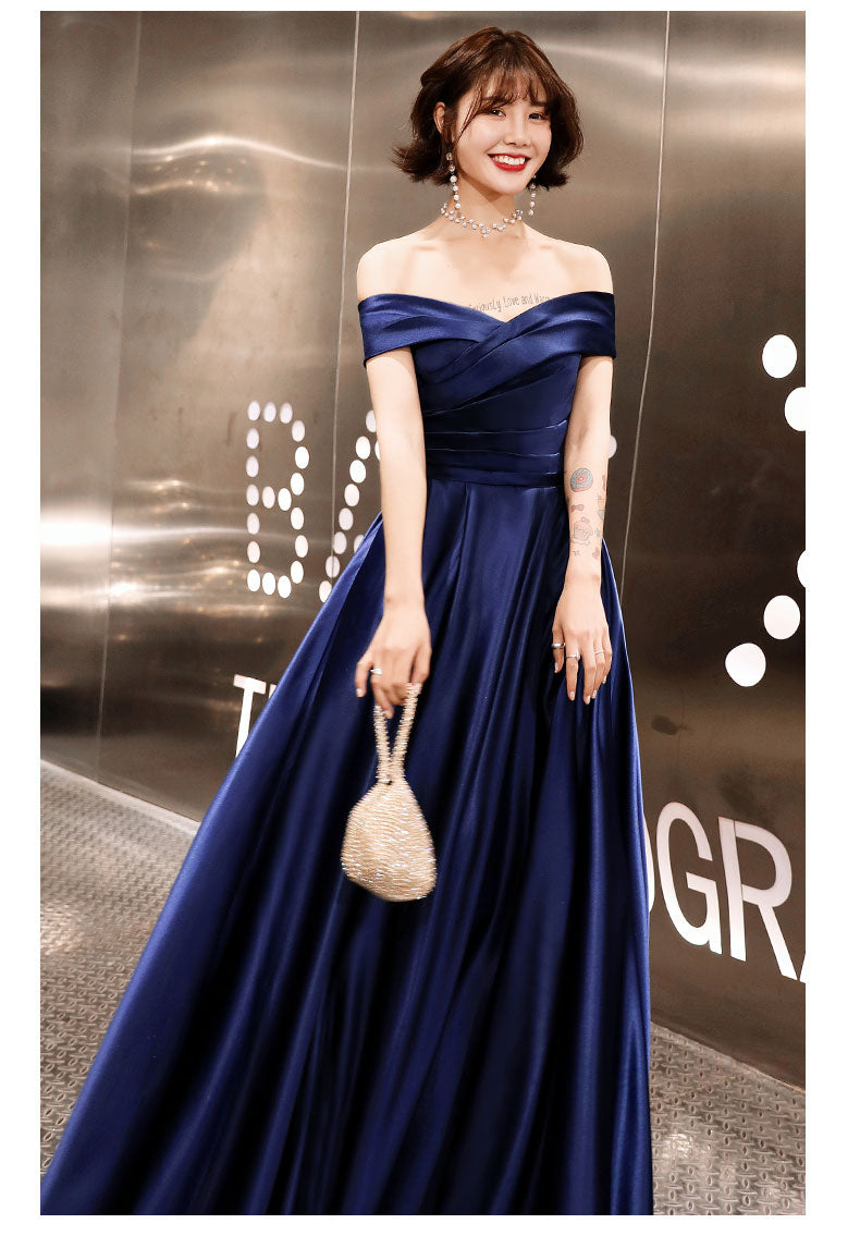 Blue Off Shoulder Prom Dress, Blue Satin Party Gown Prom Dress ...