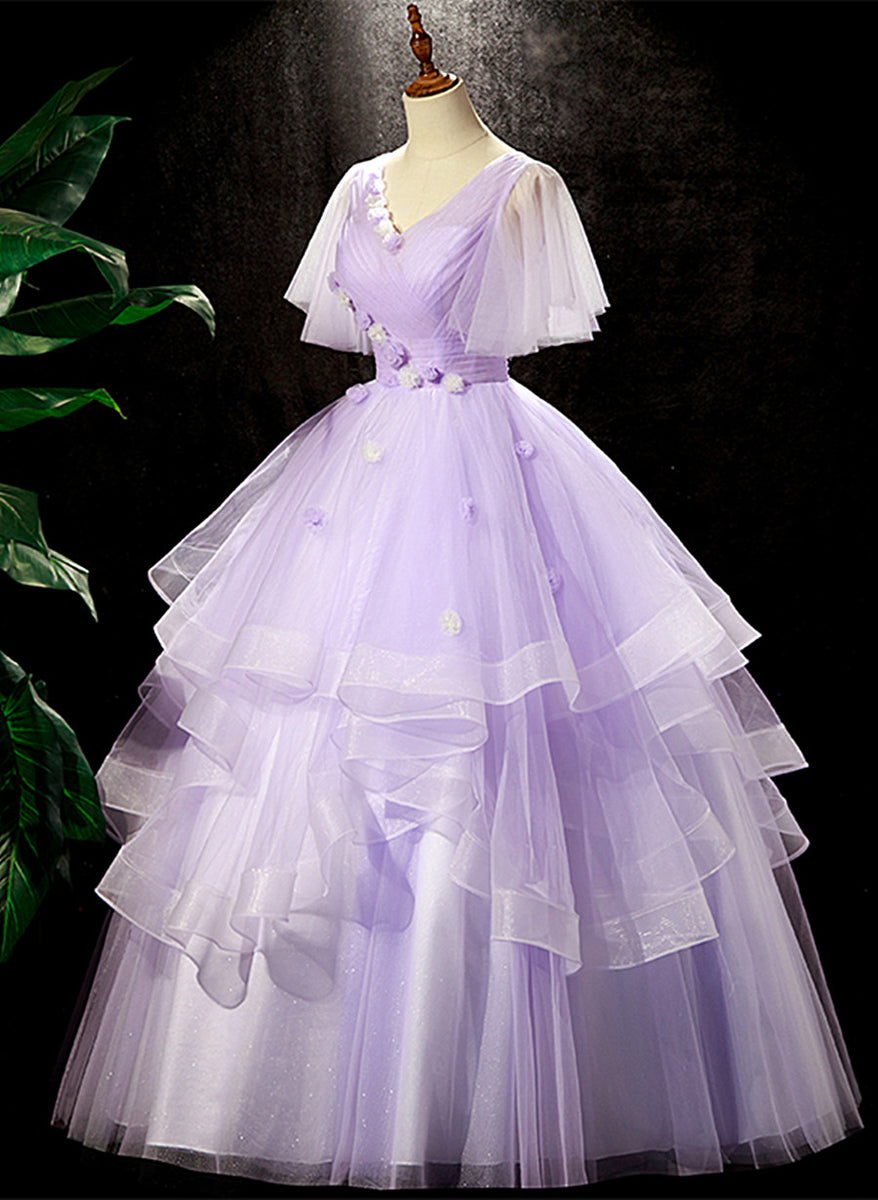 Lavender Tulle V-neckline Sweet 16 Dress with Flowers, Lavender Formal ...