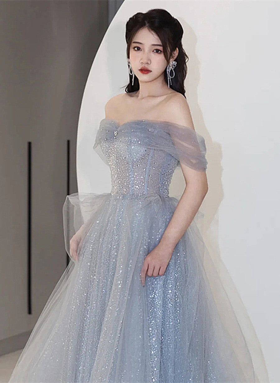 Off Shoulder Light Blue Tulle Long Party Dress, Shiny Tulle A-line Pro ...
