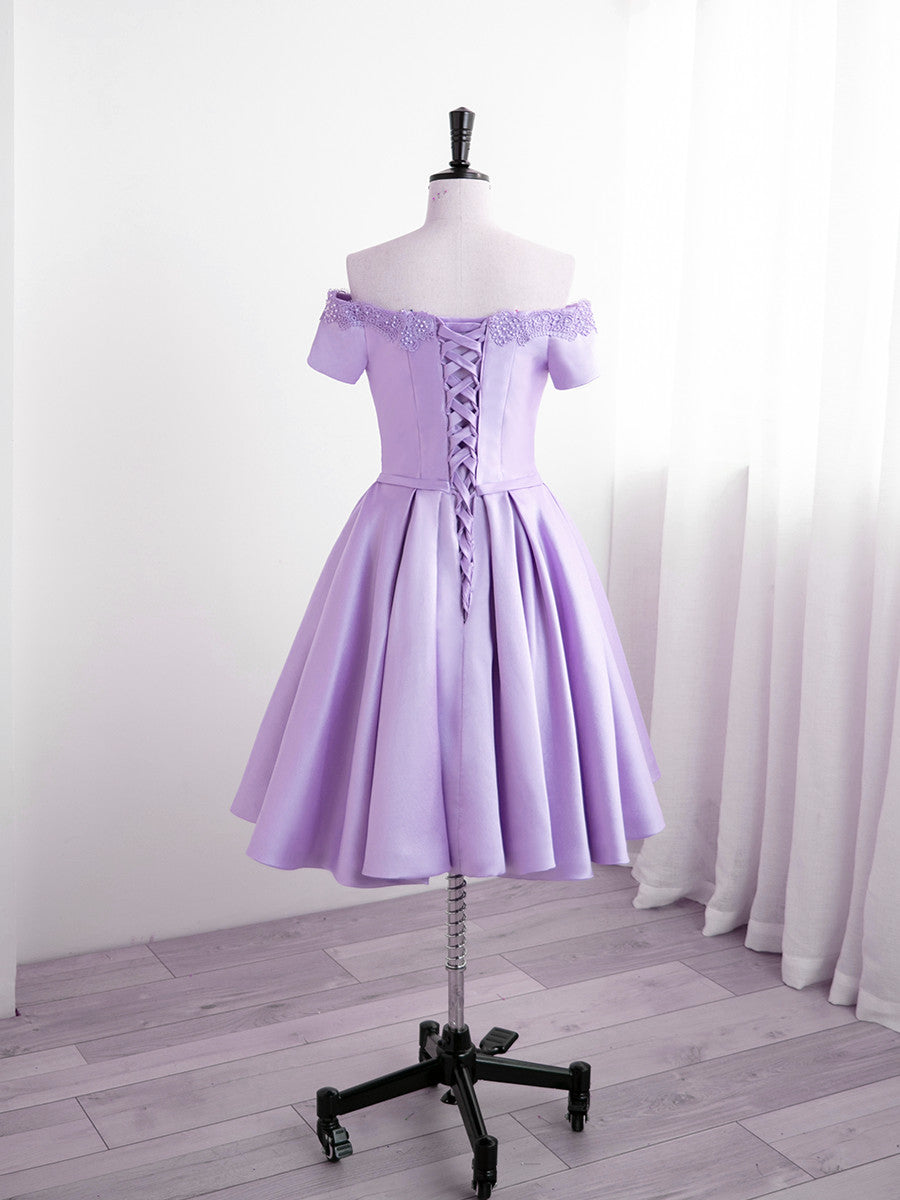 Light Purple Satin Short Party Dress with Lace, Cute Short Homecoming ...