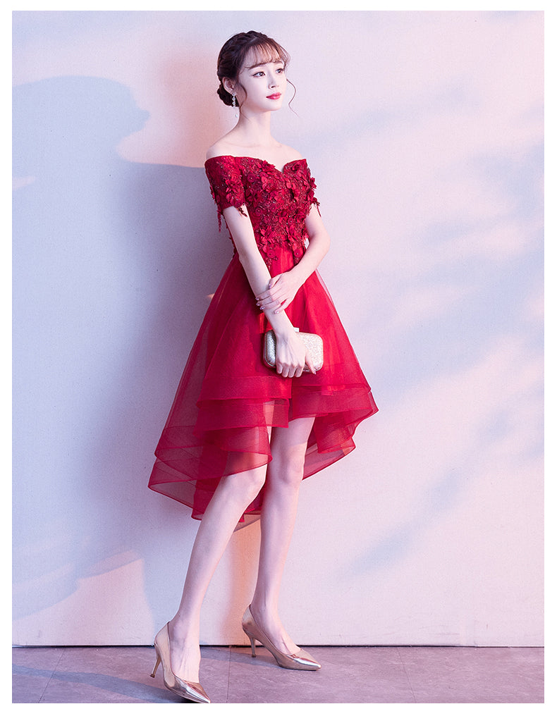 Red High Low Lace Flowers Tulle Off Shoulder Party Dress, Red Party Dr ...
