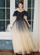 Navy Blue Straps Gradient Tulle Long A-line Prom Dress, Blue Evening P ...