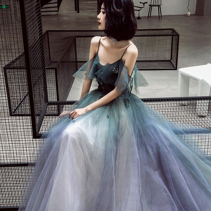 Beautiful Gradient Tulle Straps Long Evening Dress Party Dress, Tulle ...