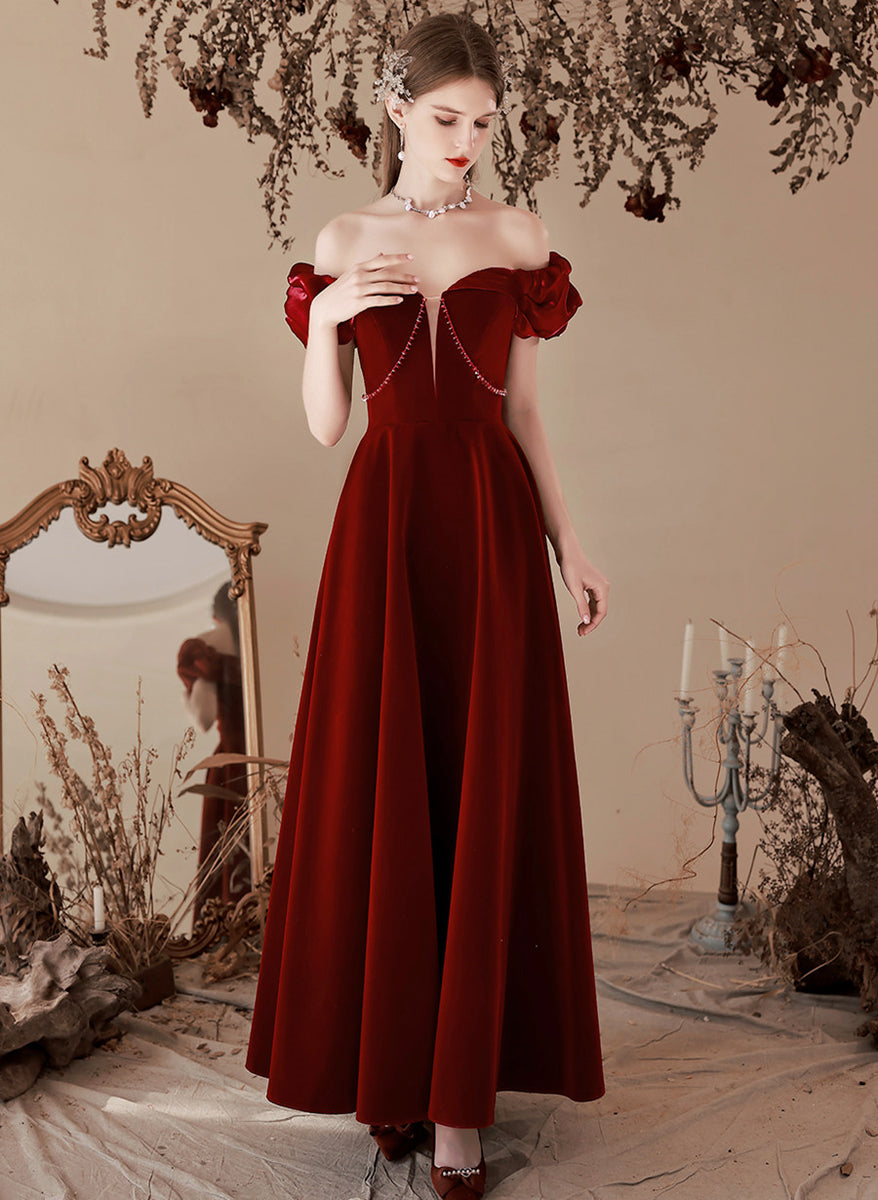 Wine Red Velvet Beaded Off Shoulder Sweetheart Prom Dress, Wine Red Br ...