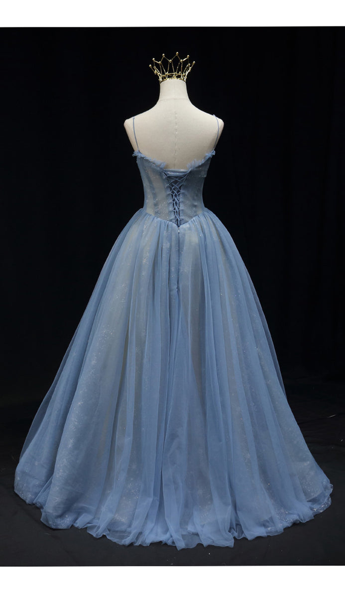 Blue Straps Beaded Tulle A-line Long Party Dress, Blue Fashionable Pro ...