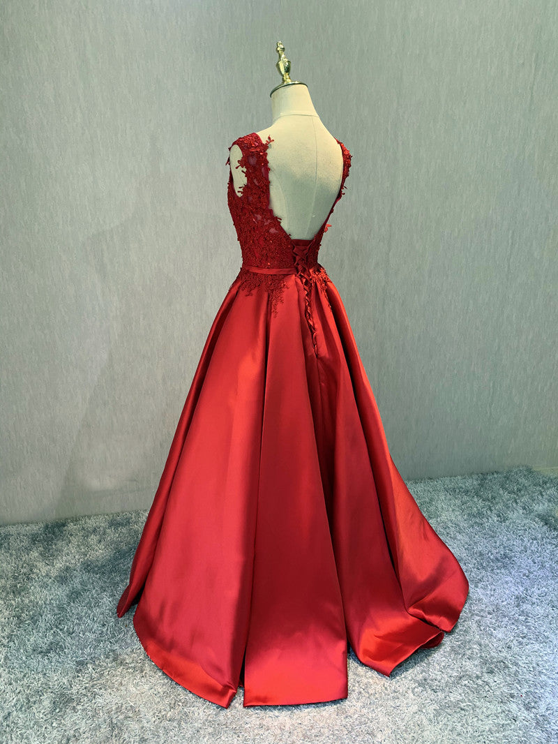 Red Satin V-neckline Floor Length Prom Dress, Backless Red Party Dress ...