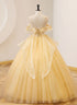 Light Yellow Tulle with Beadings and Lace Party Dress, Yellow Tulle Pr ...
