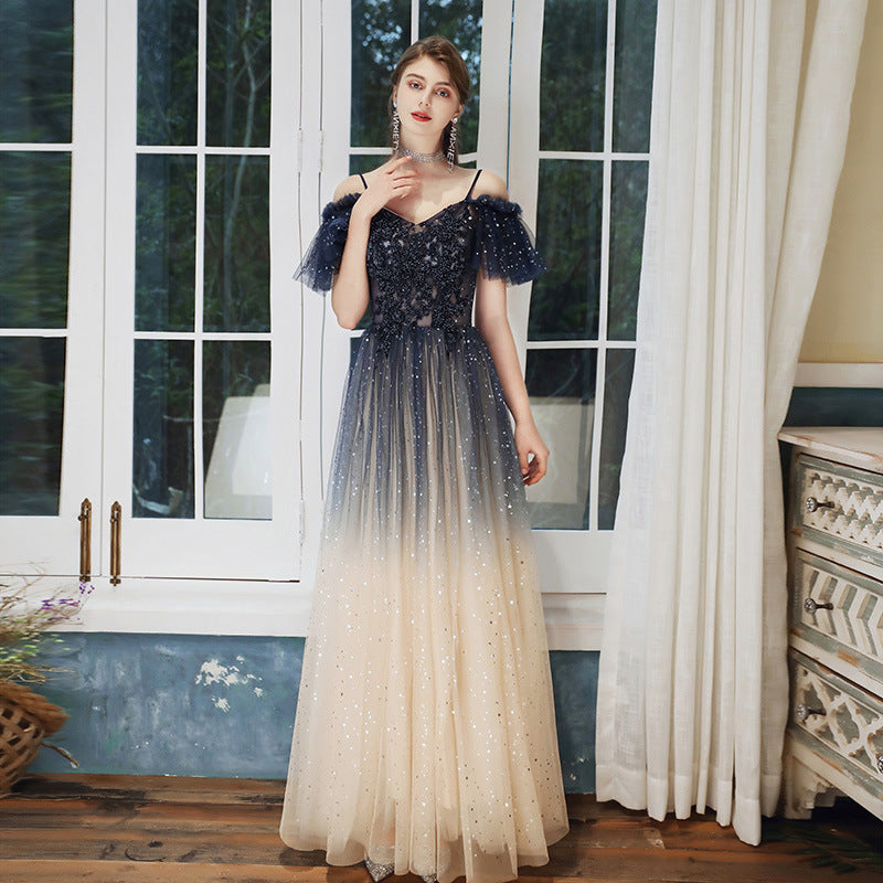 Navy Blue Straps Gradient Tulle Long A-line Prom Dress, Blue Evening P ...