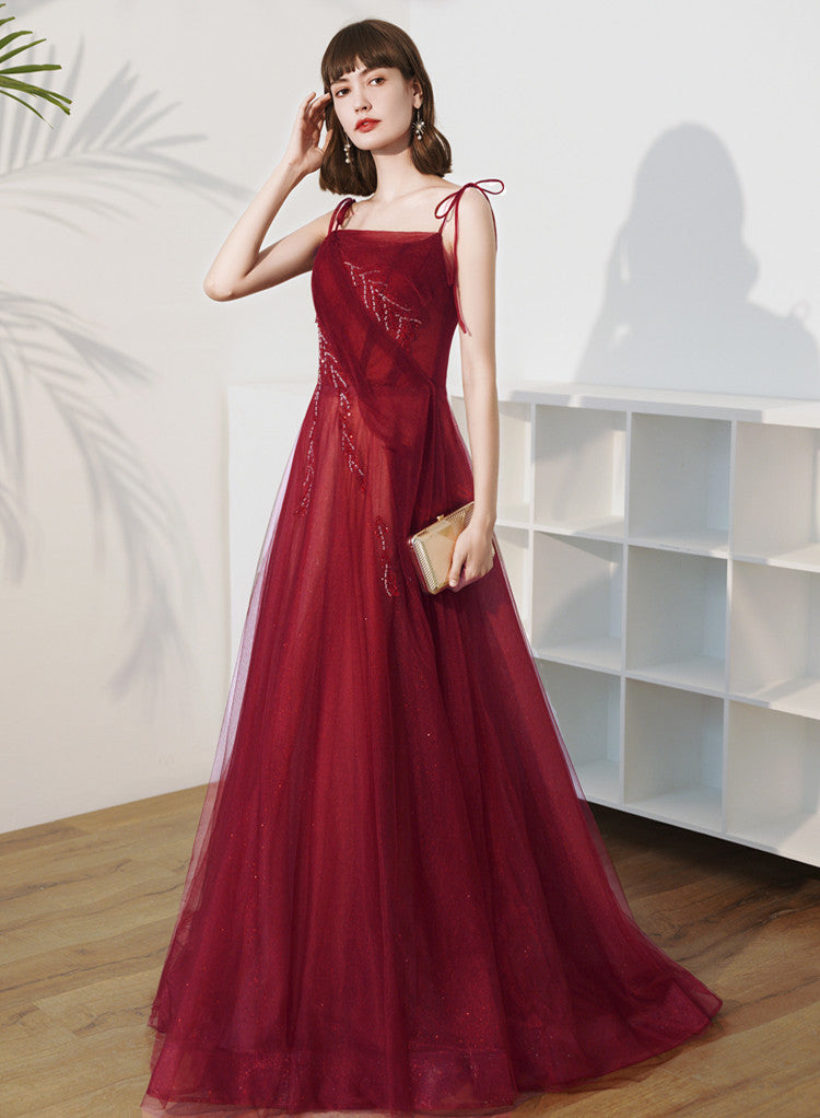 Wine Red Scoop Beaded A-line Long Junior Prom Dress, Wine Red Lace-up ...
