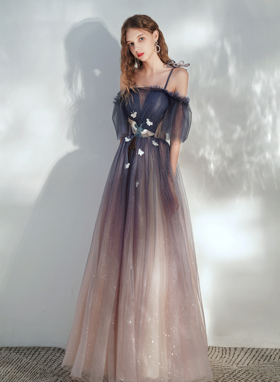 Beautiful Gradient Tulle Off Shoulder with Butterflies, A-line Simple ...